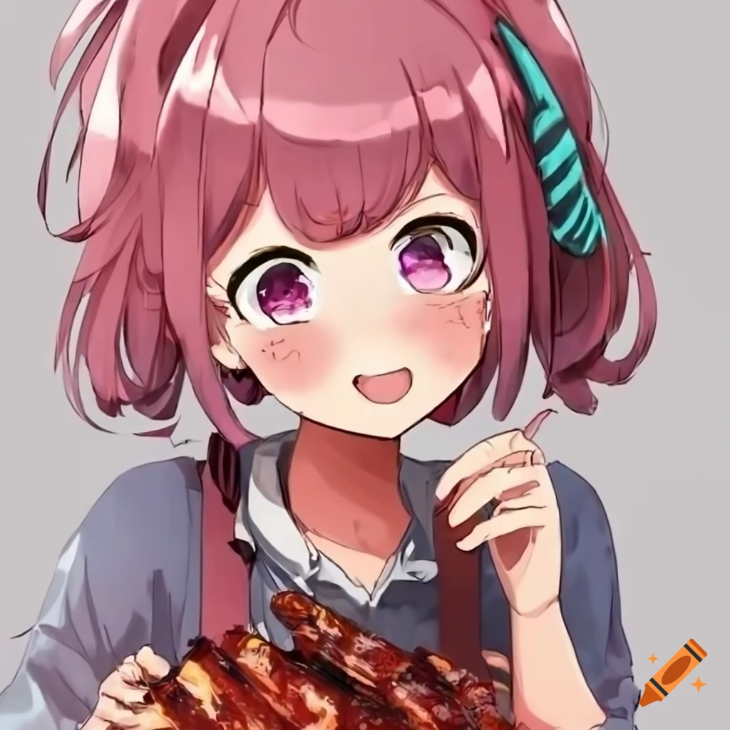 Anime character natsuki enjoying bbq ribs