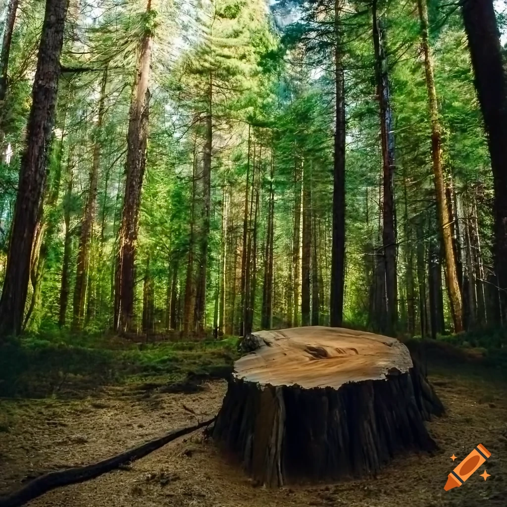Wide shot of a big tree stump in a pine forest