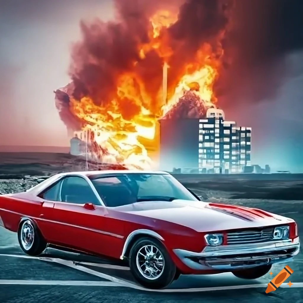 Movie poster with car explosion and red-white theme