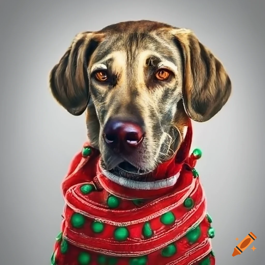 Cute light brown brindled dog in a christmas outfit on Craiyon