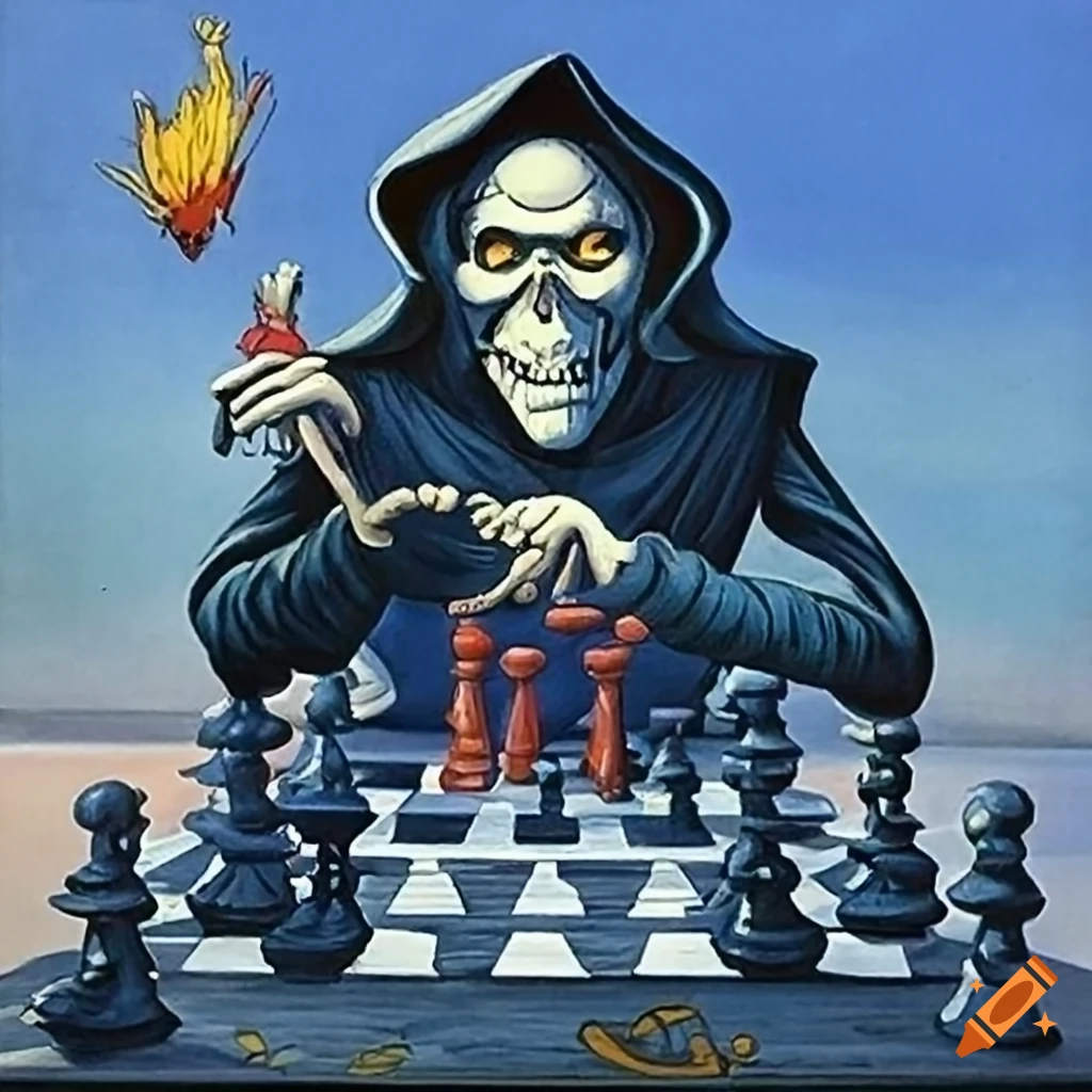 Colorful humor illustration of grim reaper playing chess on Craiyon