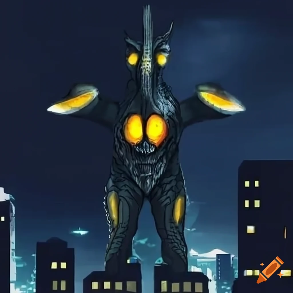 Zetton kaiju in a city at night