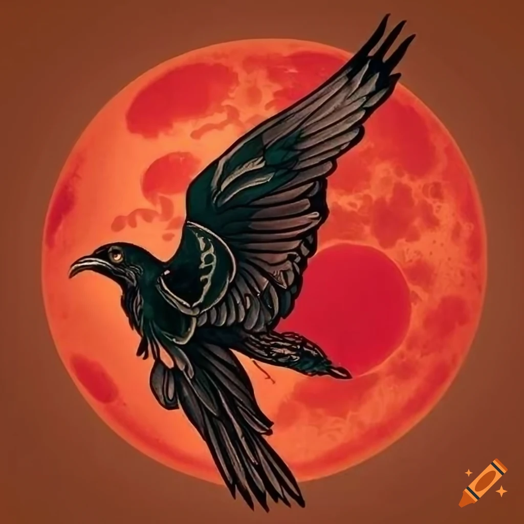 American traditional raven tattoo with blood moon