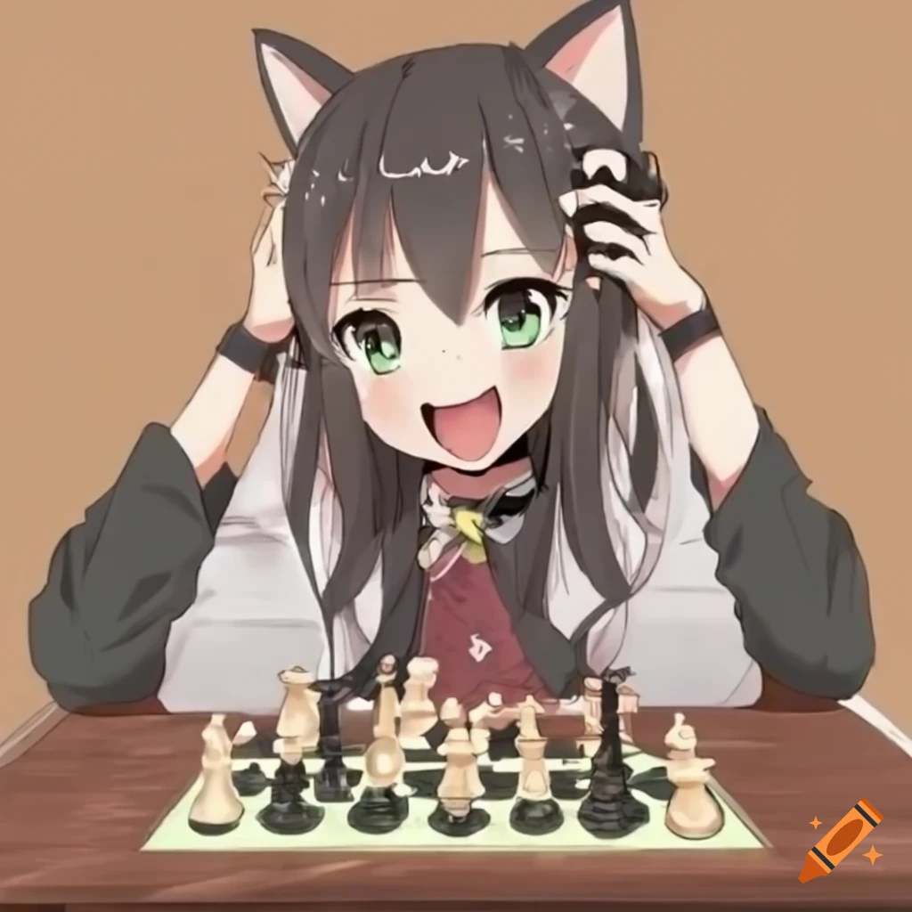 Chess-playing anime cat girl laughing