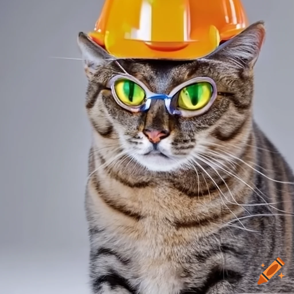 Cat wearing glasses and hard hat
