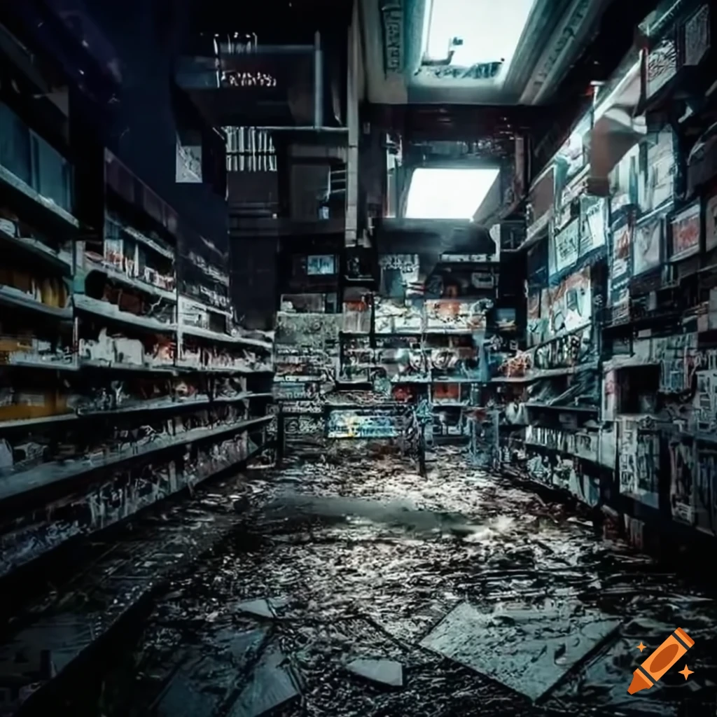 Interior of an abandoned video game store in a rainy city on Craiyon