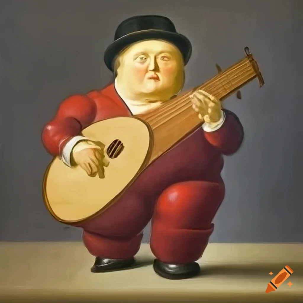 Painting of a man playing the lute in fernando botero style