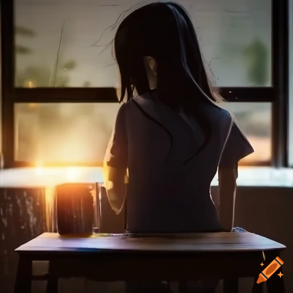Anime girl looking out window on rainy night on Craiyon