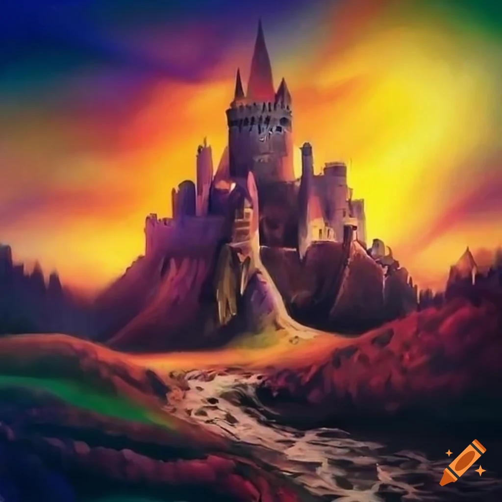 Colorful painting of a castle on a hill on Craiyon