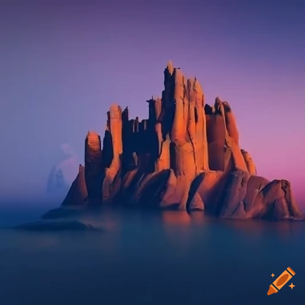 Surreal castle on a rocky landscape under a dramatic sky