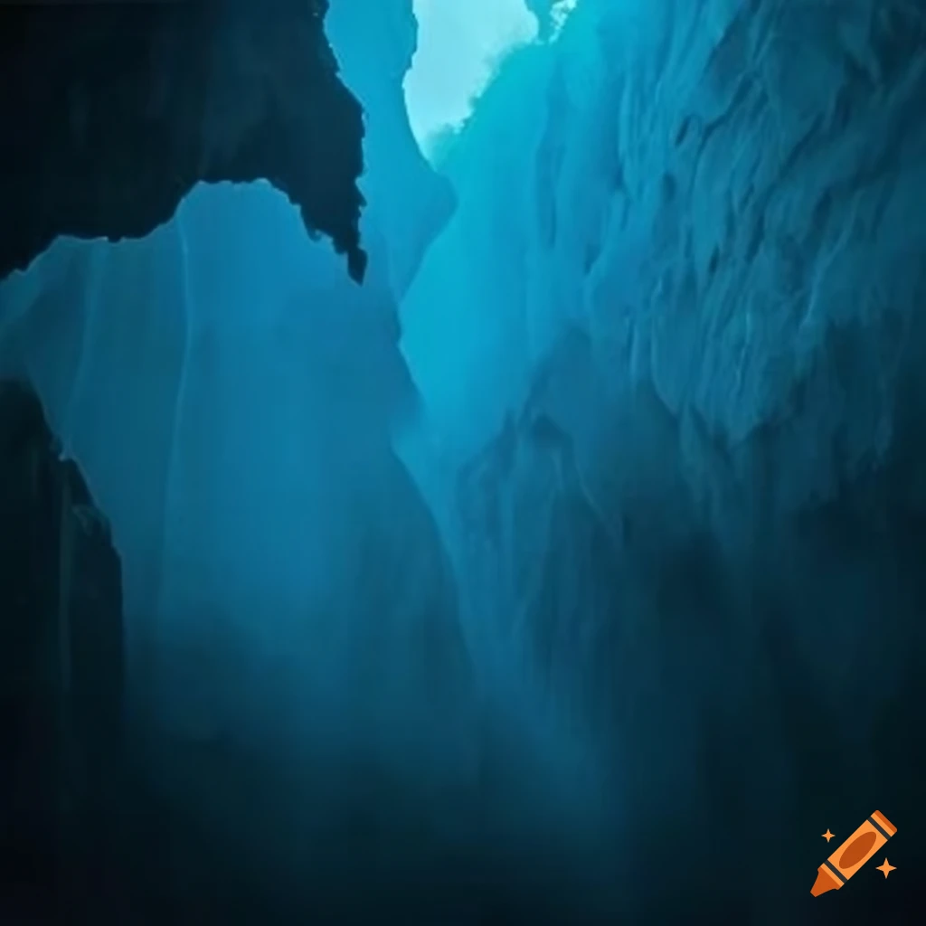 Artistic depiction of a cave in shades of blue