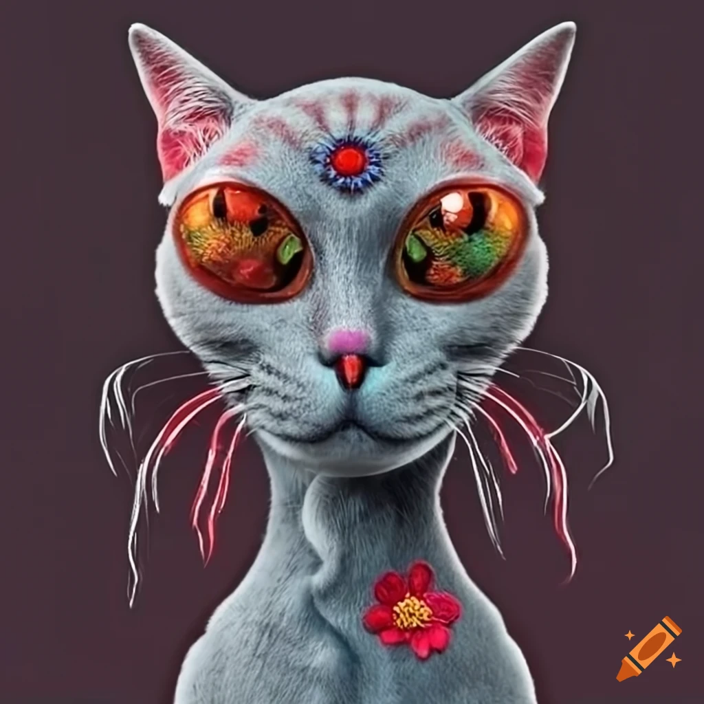 Grey and red alien cat with flower-shaped head on Craiyon