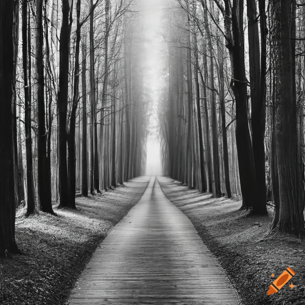 Black and white photo of a symmetrical forest with a path