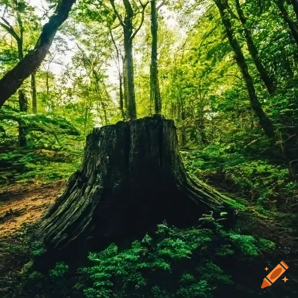 Dawn scene in a lush forest with a weathered tree stump on Craiyon