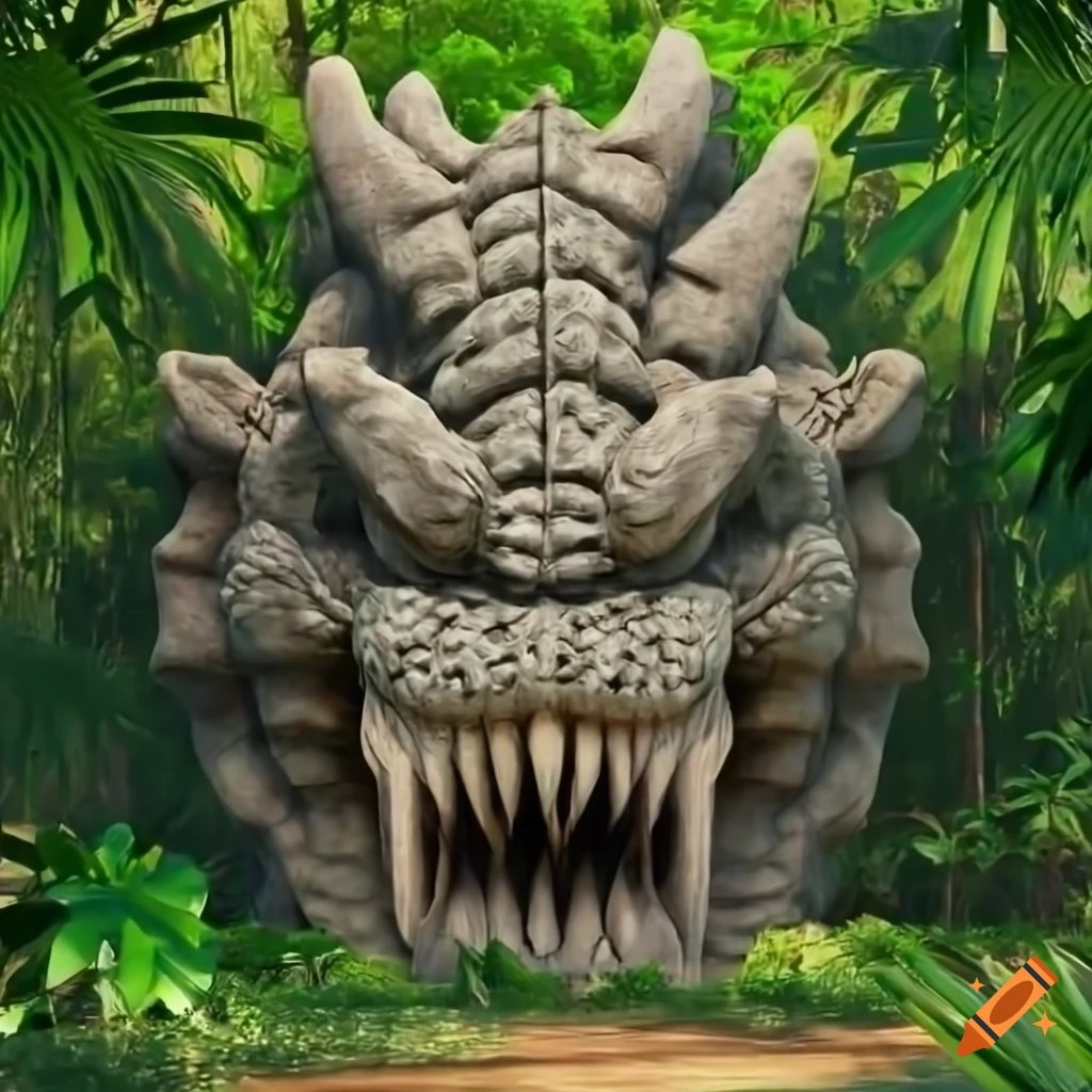 3d rendering of a stone dragon head in a tropical forest