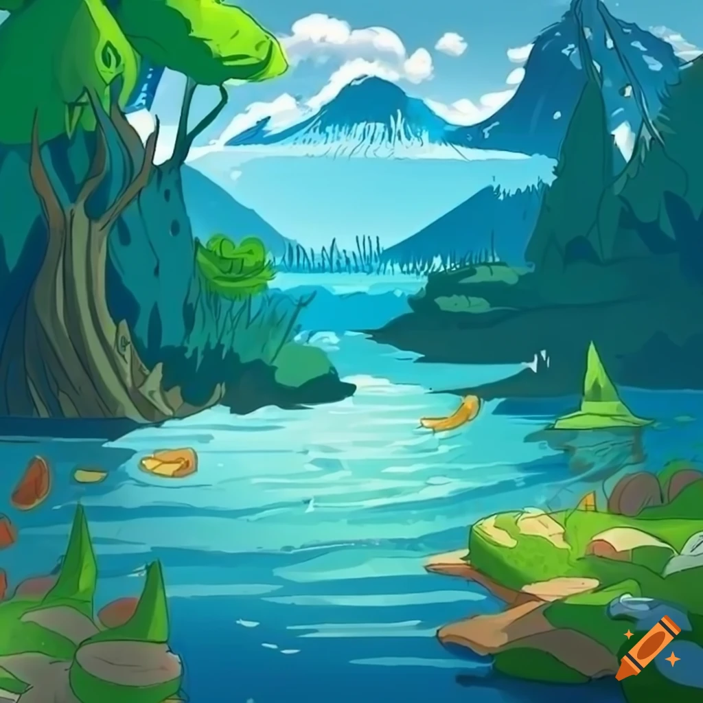Cartoon style fantasy lake illustration