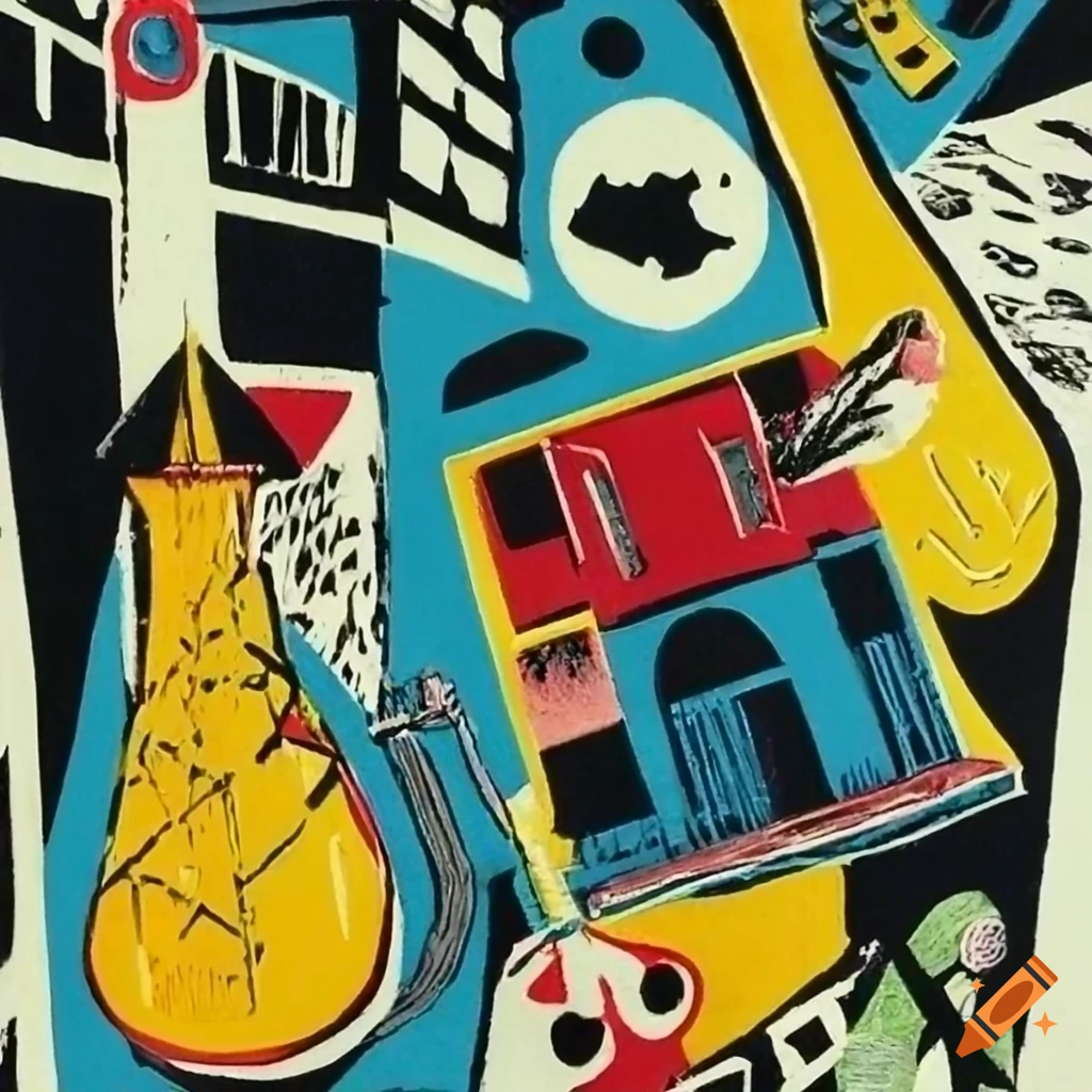 Colorful lino print collage of an old factory on Craiyon