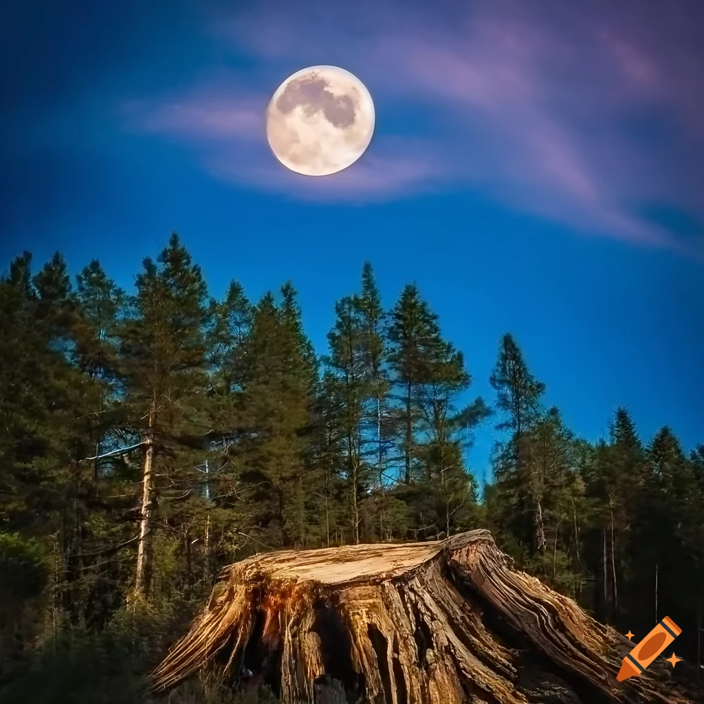 Wide shot of a big tree stump in a pine forest on Craiyon