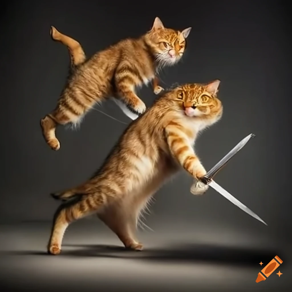 Ninja cats playfully battling with swords on Craiyon