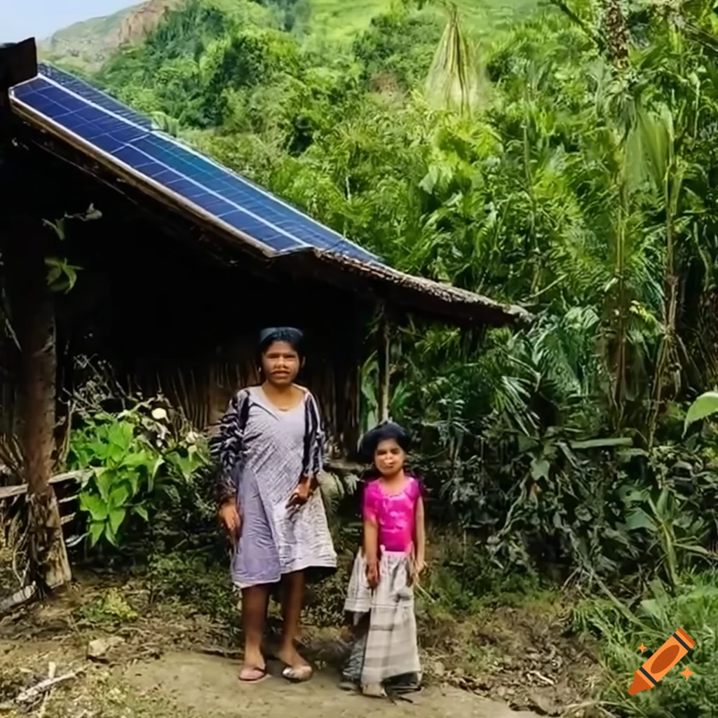 Portrait of Cordillera Indigenous family with solar panel roofing and ...