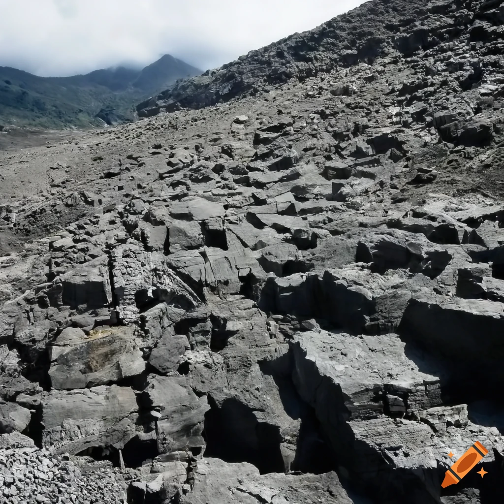 Closeup of basalt excavation with hard shadows