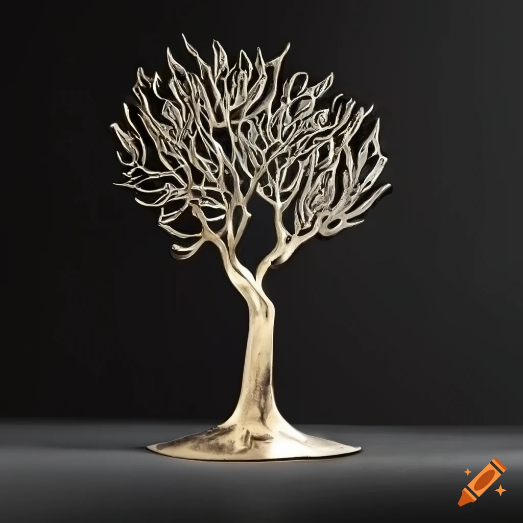 Metal repousse artwork of a lone olive tree