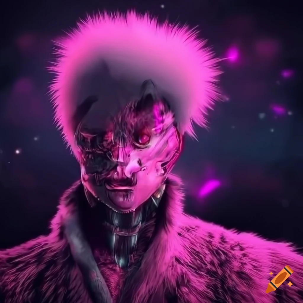 Surreal cyberpunk artwork of a rabbit-man with rainbow chrome fur on ...