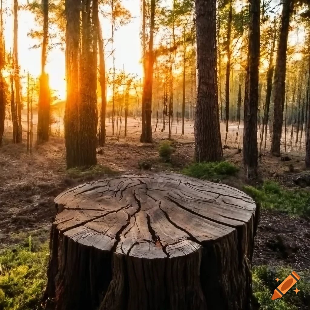 Sunset view of a distant tree stump in a pine forest