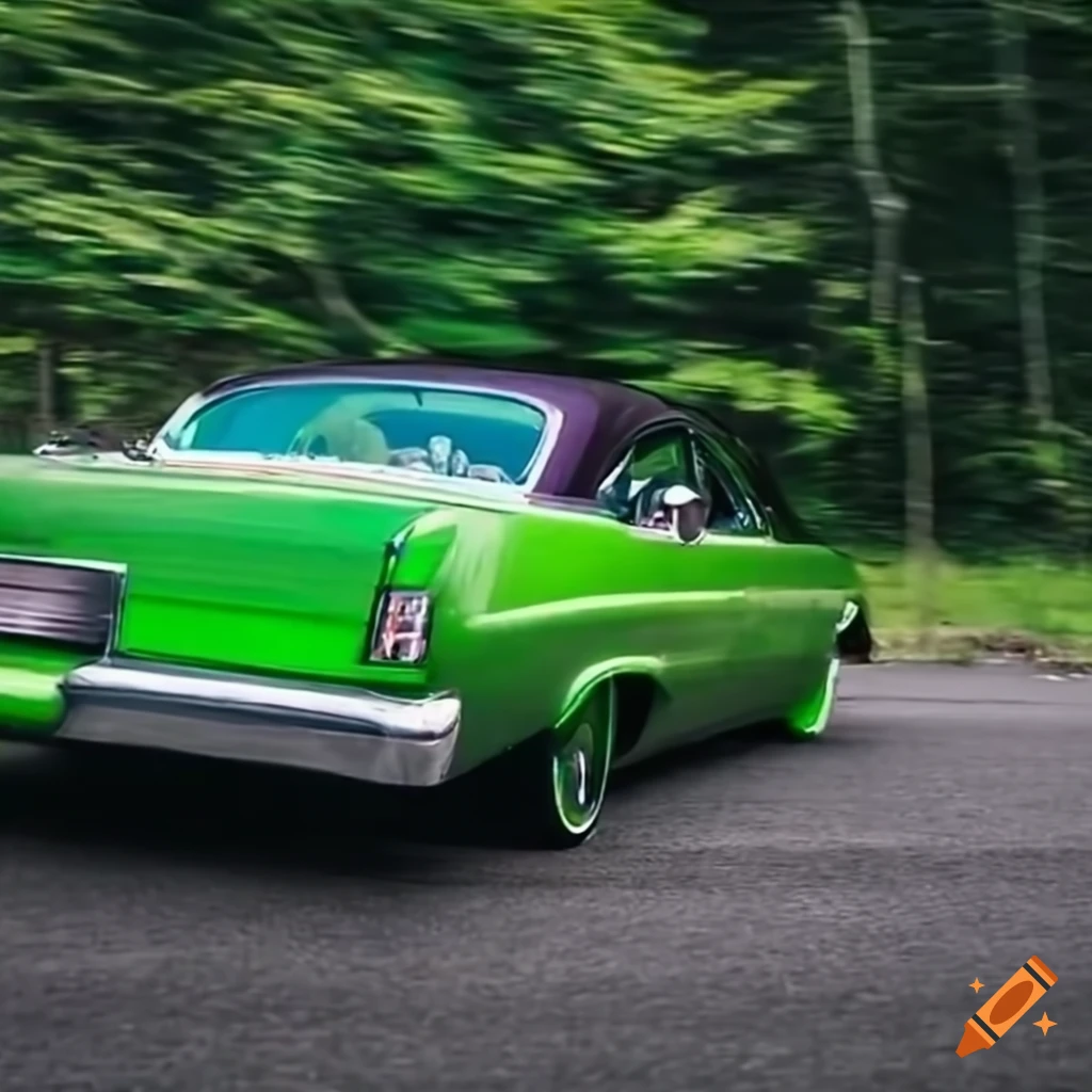 Green lowrider drifting on asphalt