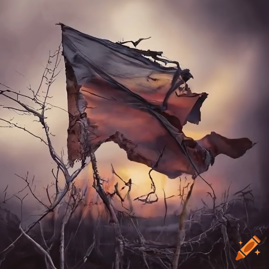 Dramatic painting of a distorted flag caught up in branches