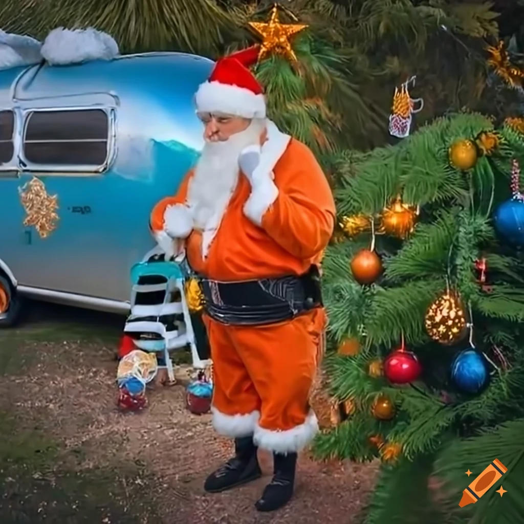 Festive santa outside a decorated airstream rv on Craiyon