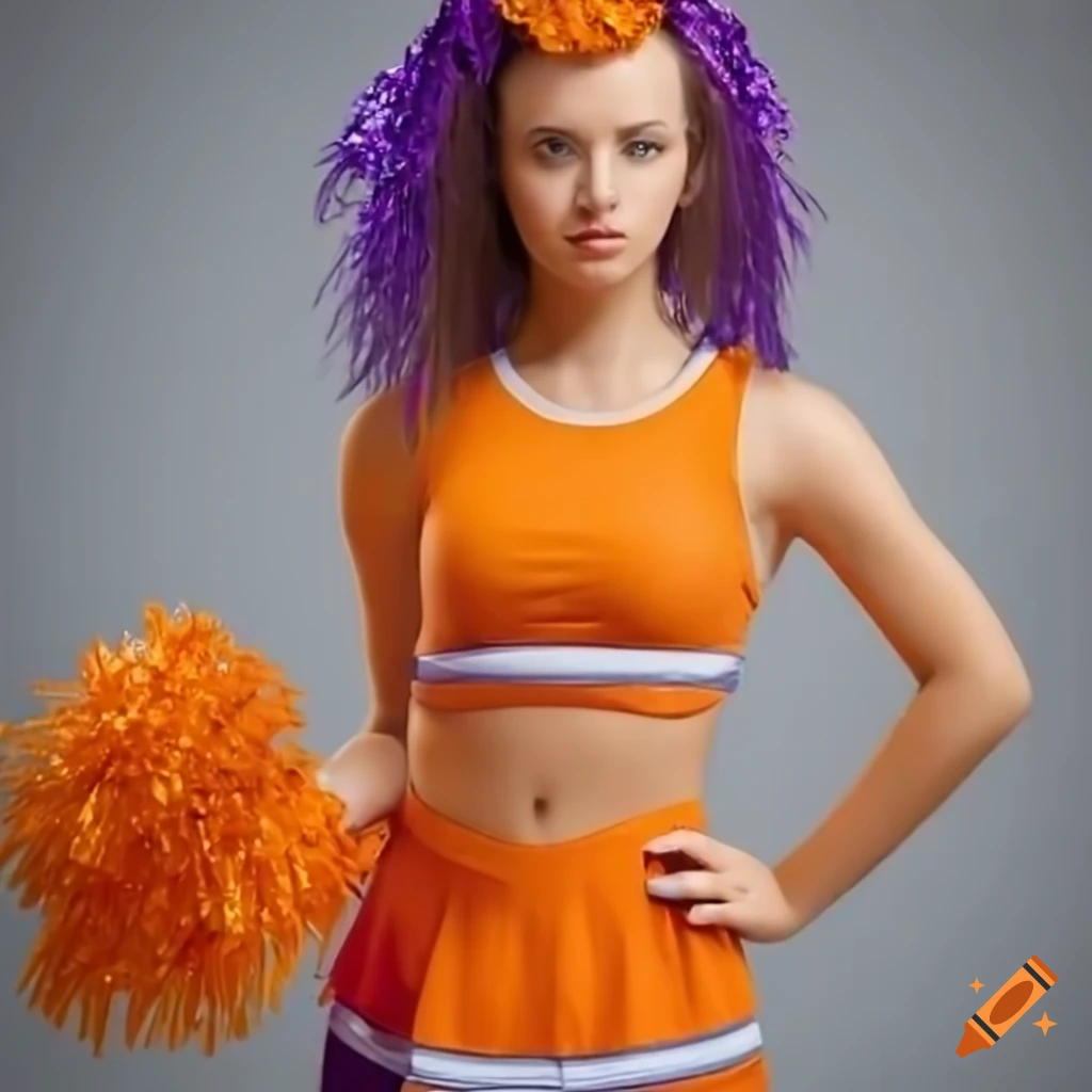 Young woman in orange and purple cheerleader outfit on Craiyon