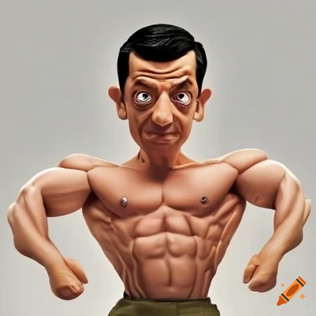Comic portrayal of mr. bean with a muscular physique on Craiyon