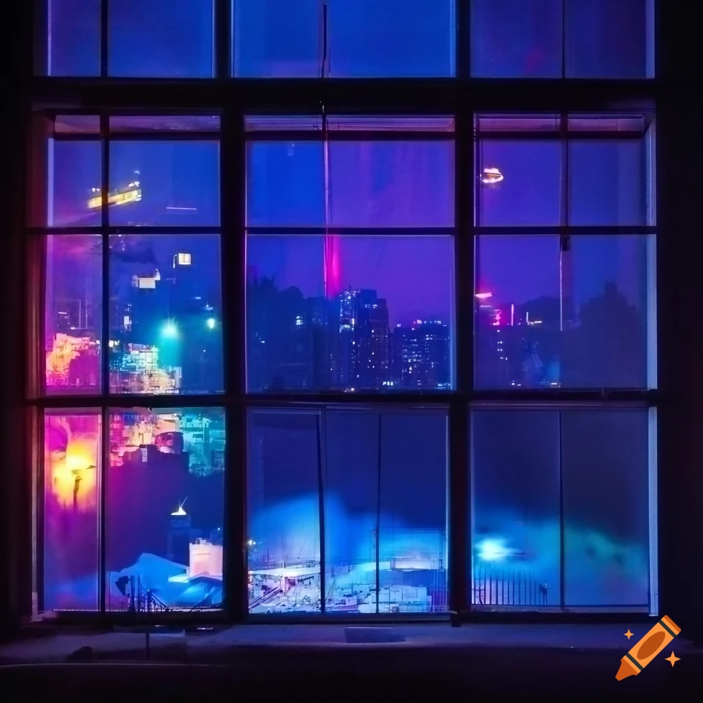 View of a colorful lit room with a night skyline through open window