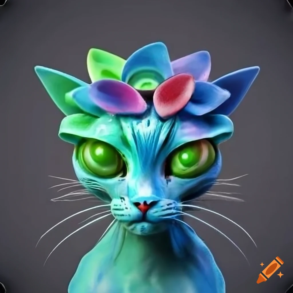 Colorful alien cat with flower-shaped head