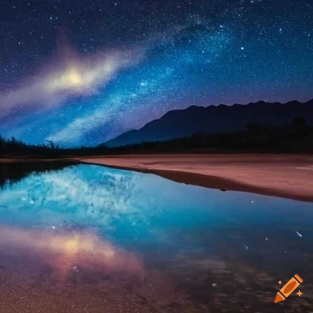 Starry night sky over a river and beach sand