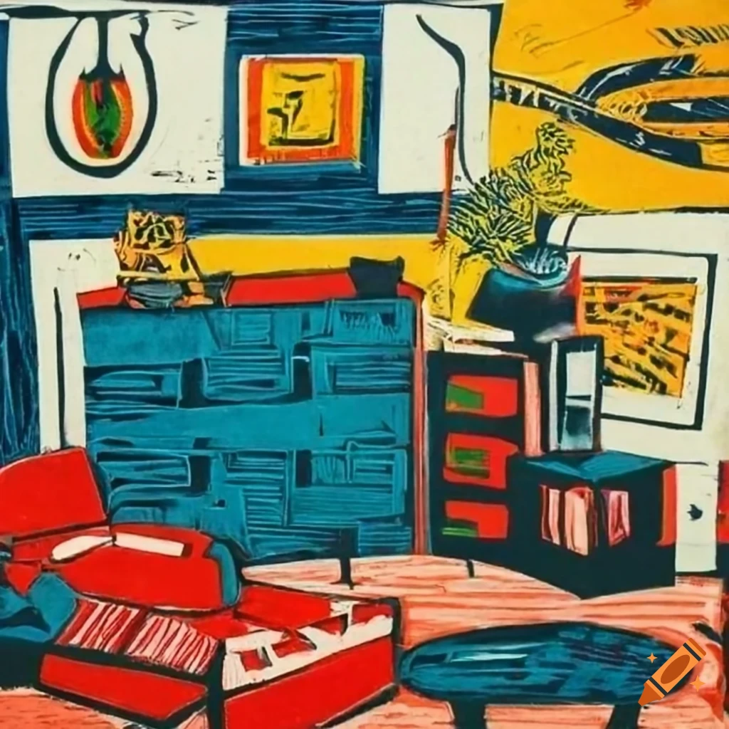 Colorful dadaist lino print collage of a room with people on Craiyon