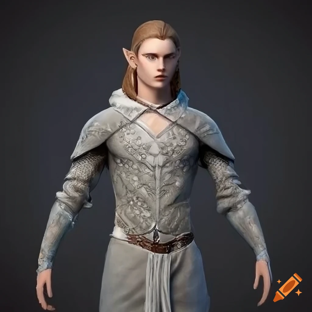 Portrait of a male tolkien elf in a white winter outfit