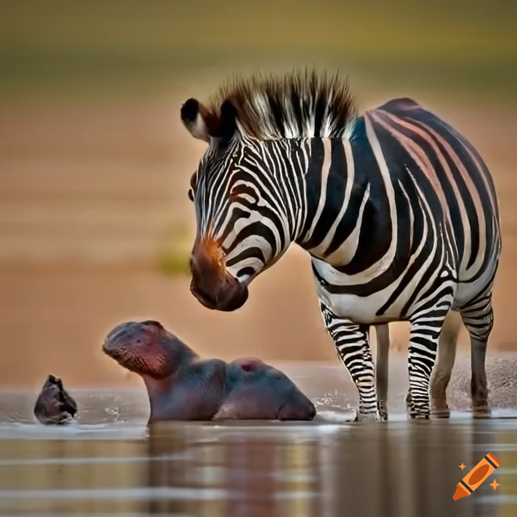 Zebra and hippopotamus at a watering hole on Craiyon