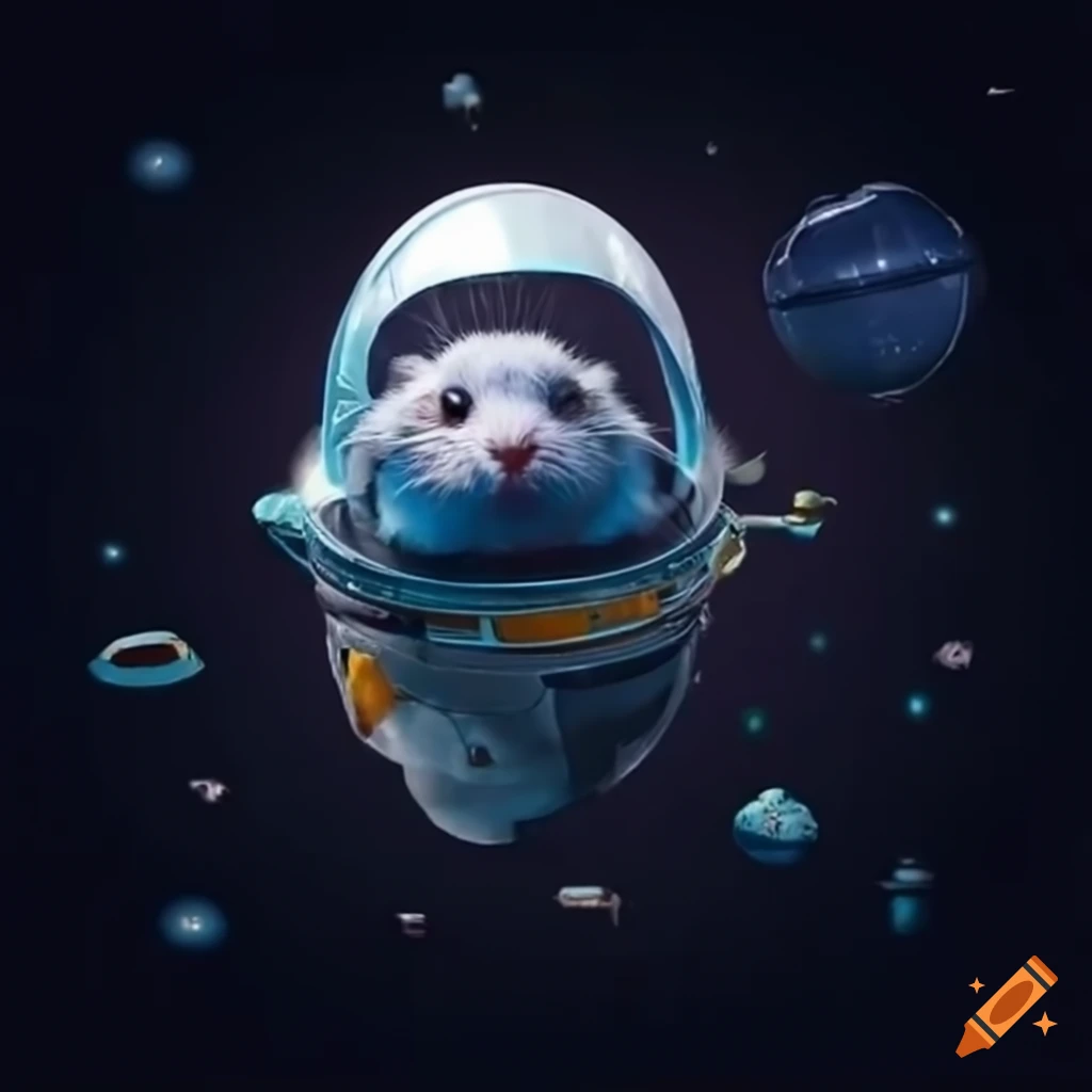 Cute hamster in a space suit floating near a spaceship