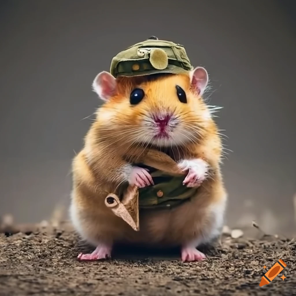 Cute hamster in military uniform on wwii battlefield