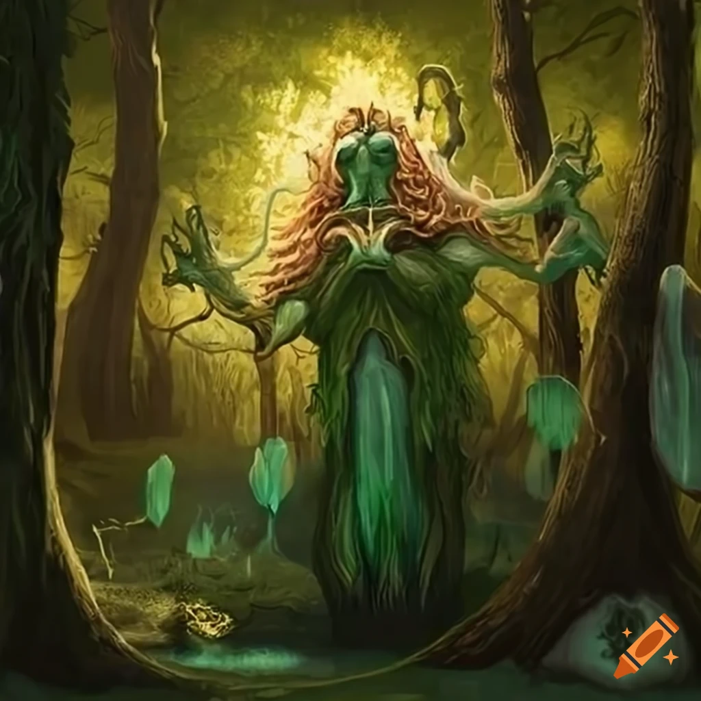 Illustration of a mystical forest with a fungus druid on Craiyon