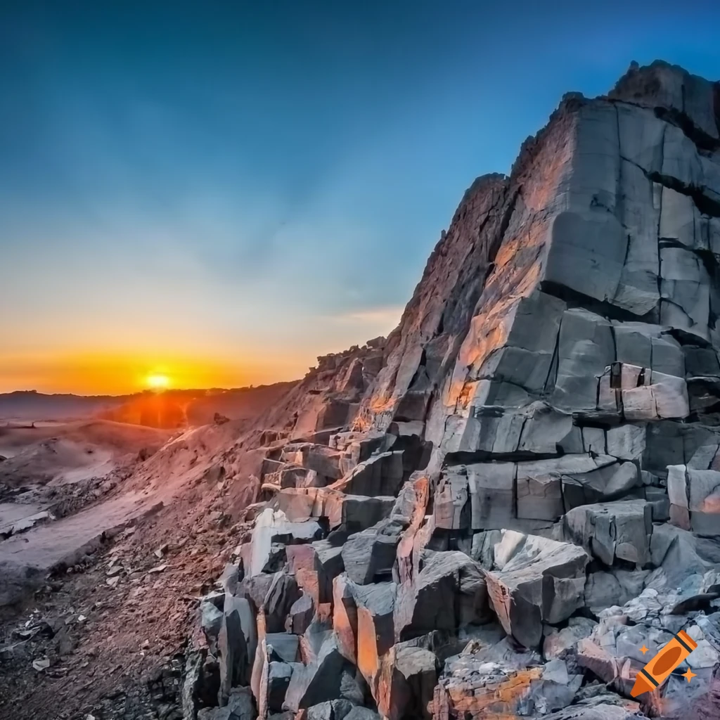 Sunset view of a closeup basalt excavation on Craiyon