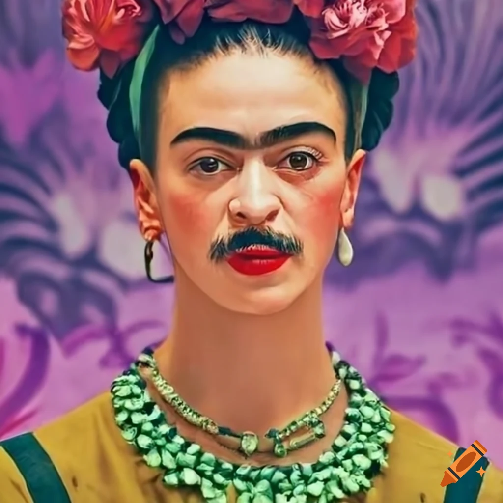 Portrait of frida kahlo with short hair and big mustache