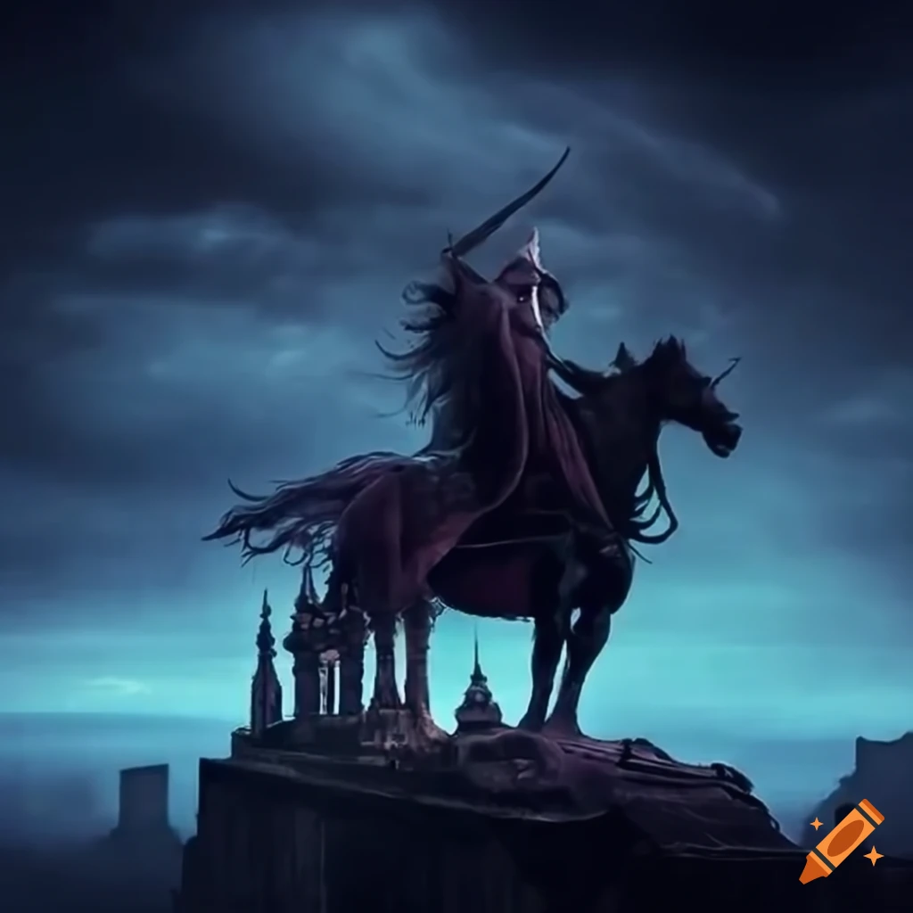 Image of death riding a horse in a gothic town on Craiyon