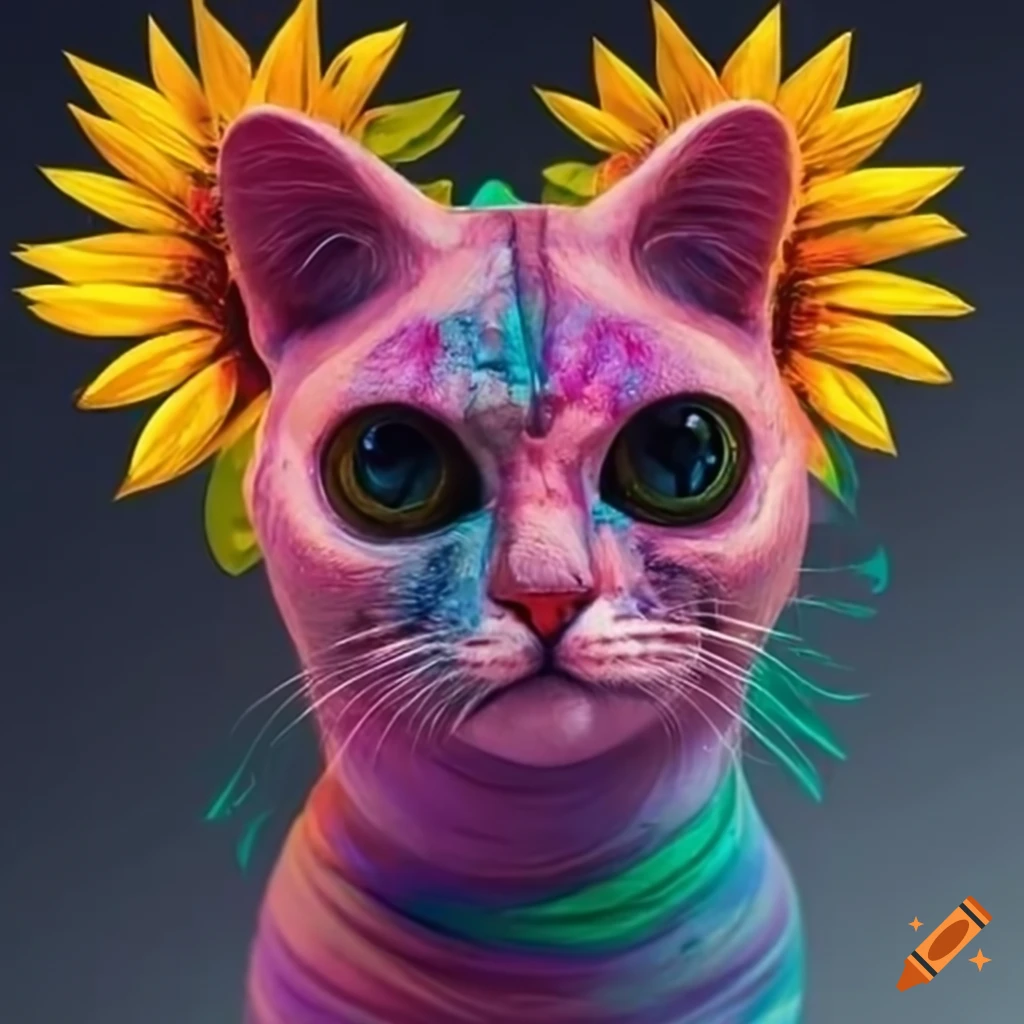 Colorful alien cat with a sunflower-shaped head on Craiyon