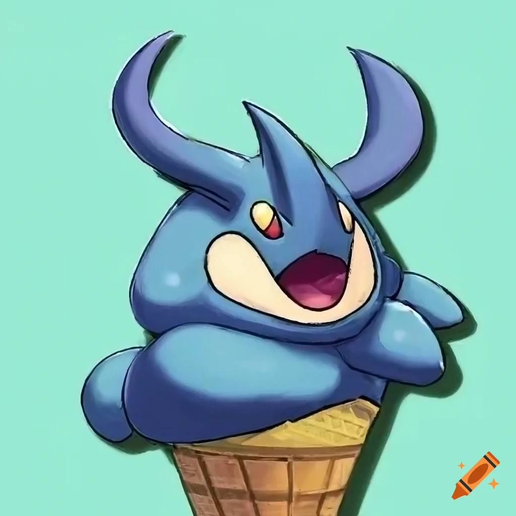 Heracross pokemon enjoying an ice cream cone
