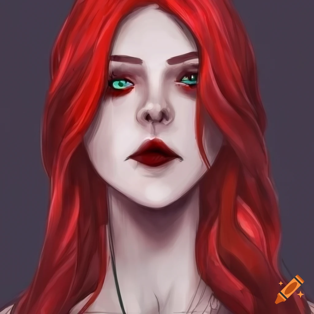 Drawing of a unique female character with red hair and green eyes
