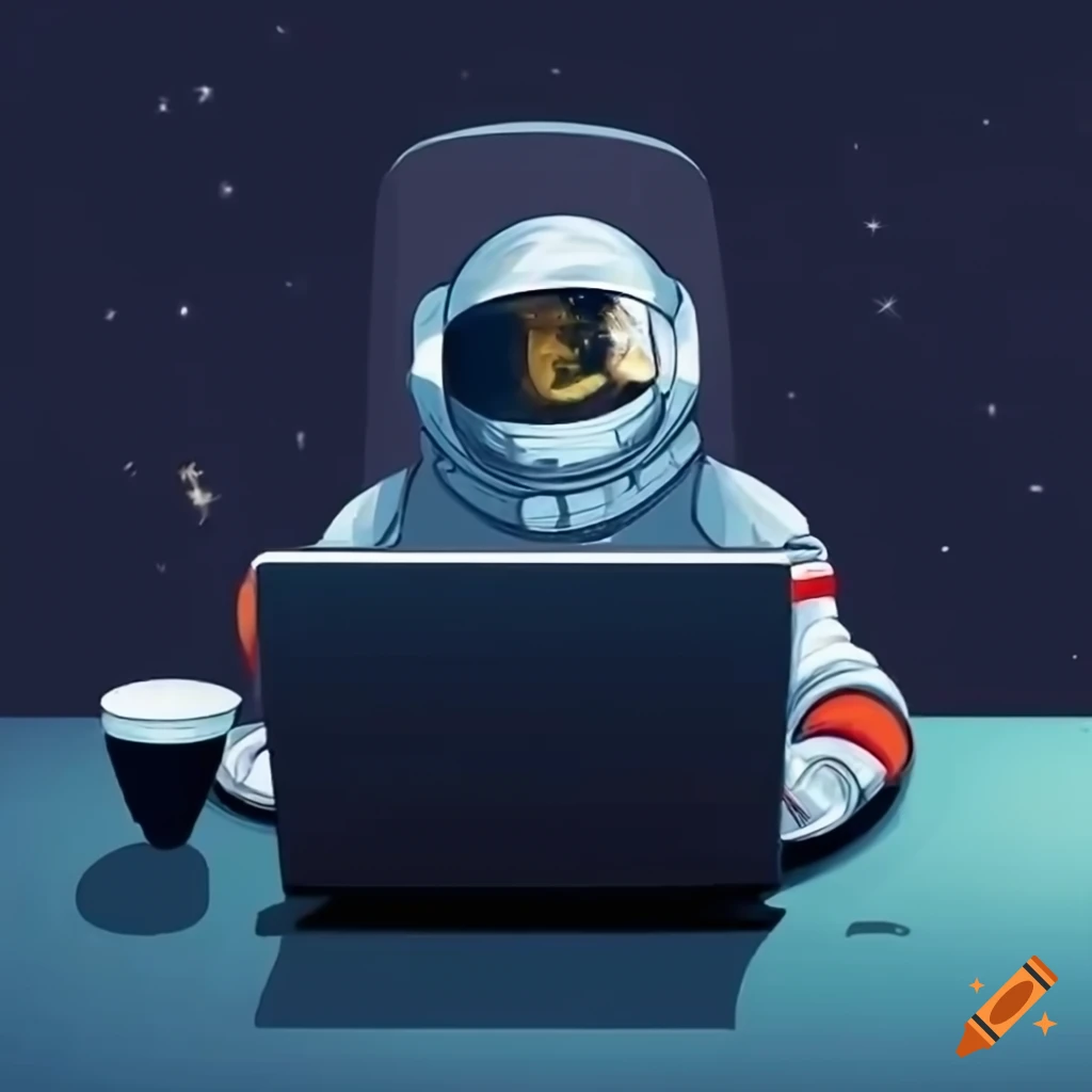Astronaut using laptop in space