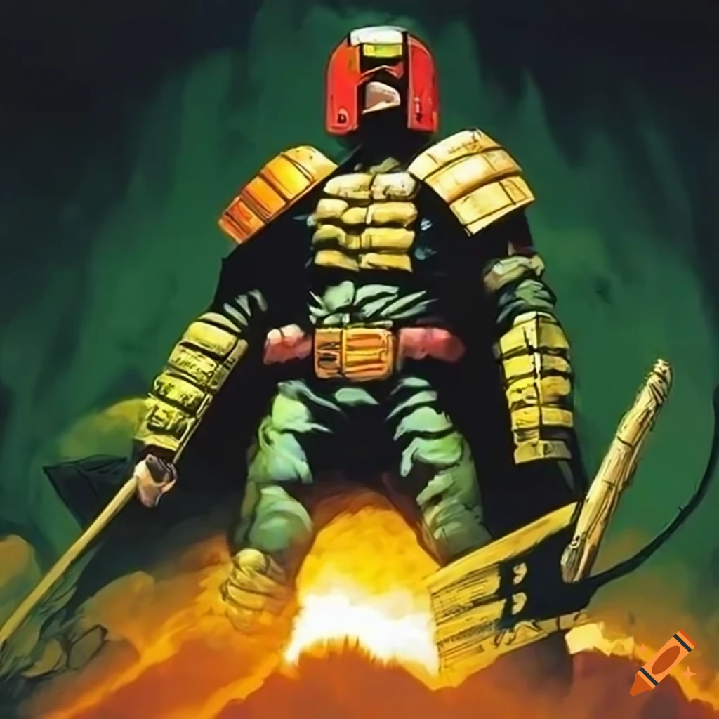 Epic Judge Dredd illustration in Frazetta's art style on Craiyon